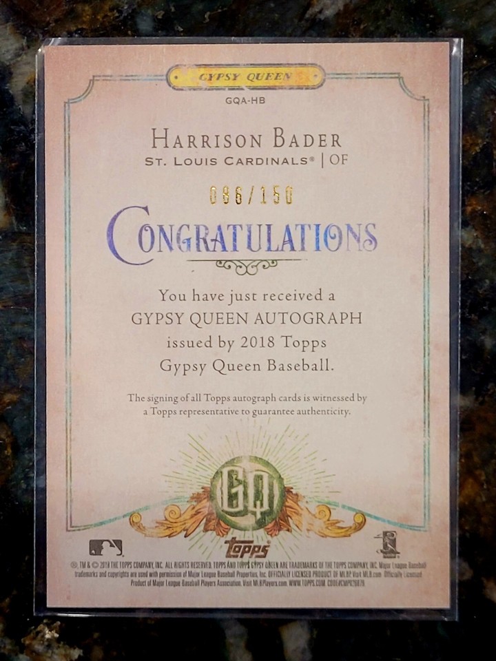 2018 Topps Gypsy Queen Harrison Bader Rookie Blue autograph AUTO RC ...