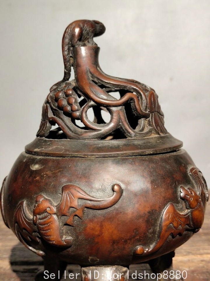 8"Old China Xuande Marked Bronze Lion Mouse Bat Beast Legs Incense ...