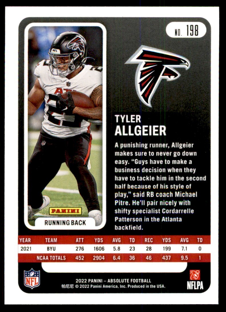 2022 PANINI ABSOLUTE. TYLER ALLGEIER ROOKIE ATLANTA FALCONS #198 | eBay