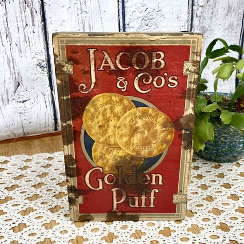 Antique Vintage Tin Jacob And Co Golden Puff Biscuits Tin Box Paper ...