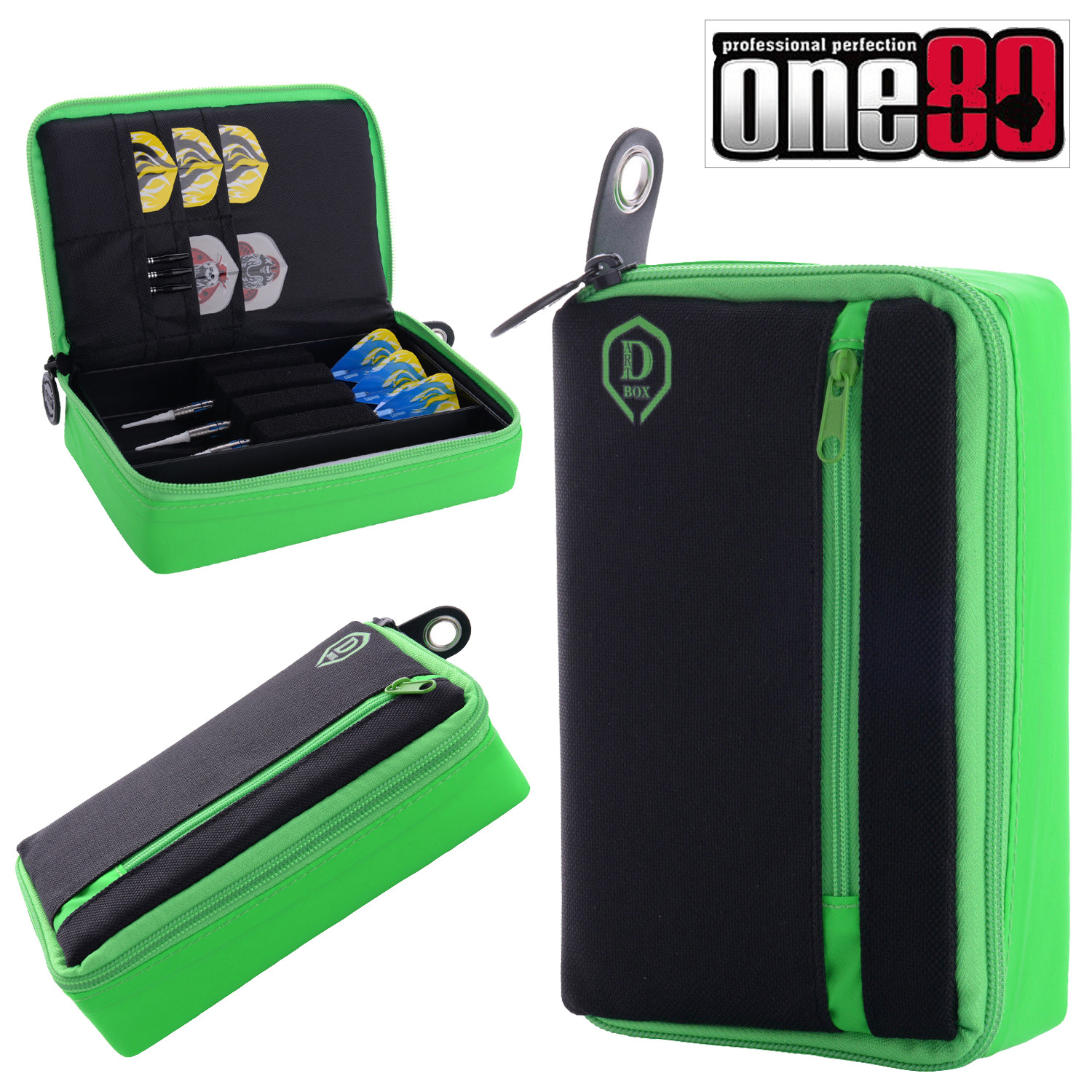 ONE80 LARGE D DART CASE BLACK & GREEN..HOLDS DARTS LOADED CAN DO 2 SETS ...
