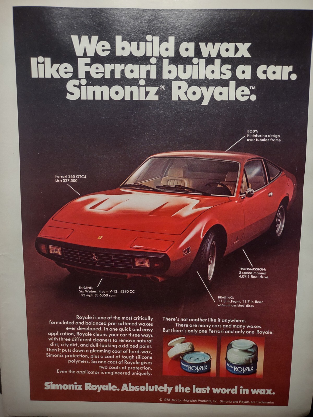 Vintage 1973 Simoniz Royale Car Wax Magazine Ad Red Ferrari Car And ...