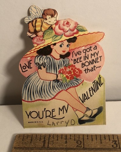 Vintage Valentine, girl w/large Sun Bonnet & anthropomorphic bee, bee ...