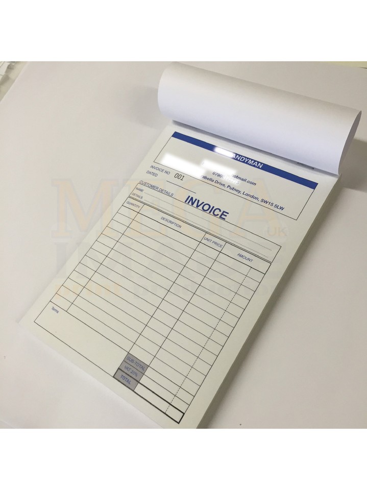 PERSONALISED DUPLICATE INVOICE BOOK A5 NCR PAD PRINT, RECEIPT ESTIMATE ...