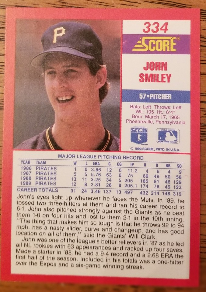 John Smiley Pittsburgh Pirates 1990 Score Baseball Card #334 MT | eBay
