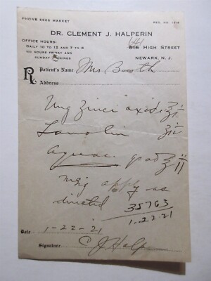 1921 Vintage Pharmacy Rx Paper Prescriptions Dr. Clement Halperin ...