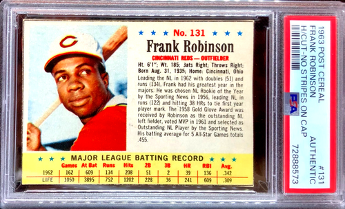 1963 Post Cereal Baseball Card #131 Frank Robinson (HOF) No Stripes on ...
