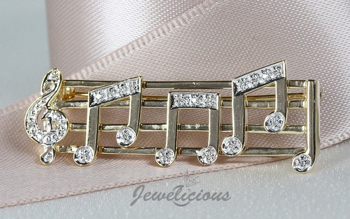 Estate 14K Yellow Gold Natural Diamonds Musical Notes and Key Unique ...