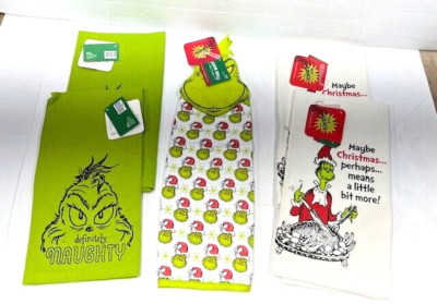 NWT Set of 5 Dr Seuss The Grinch Kitchen Dish Towels Christmas Holiday ...