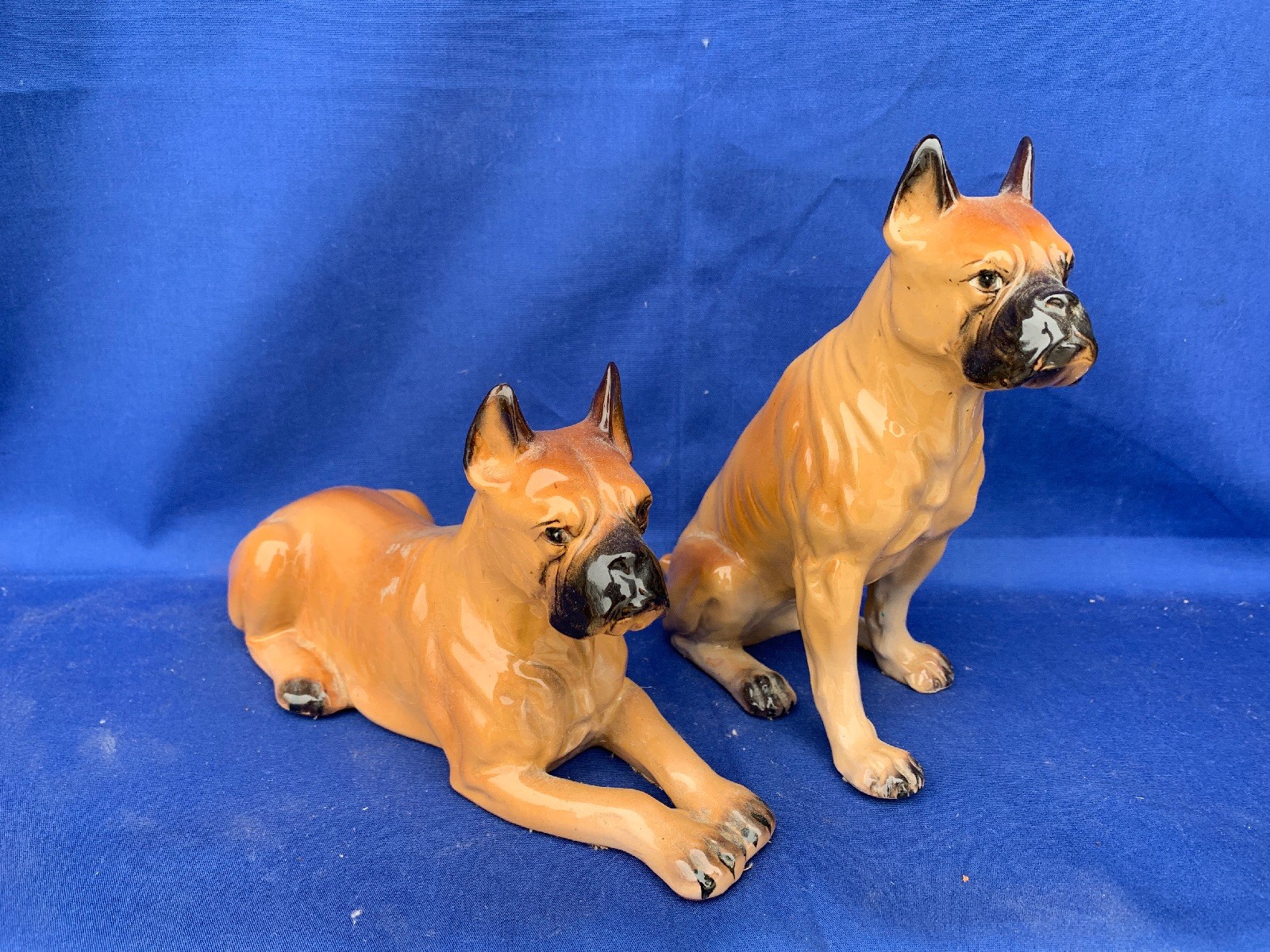 Vintage SET OF 2 Laying Down & Sitting BOXER BOXERS Dog Figurine 7/6 4/ ...