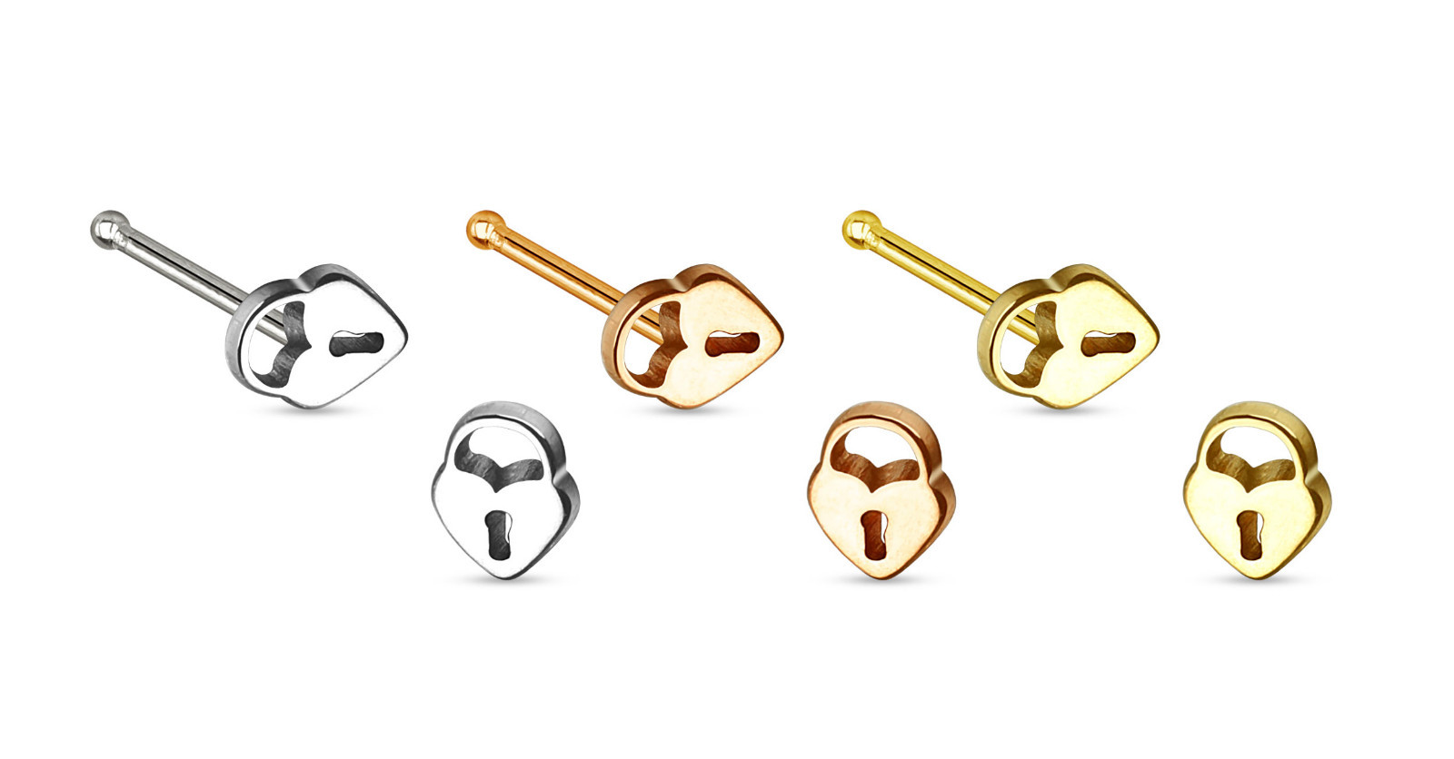 3pcs Heart Padlock Style Nose Rings Studs Bones 316L Surgical Steel Ion ...