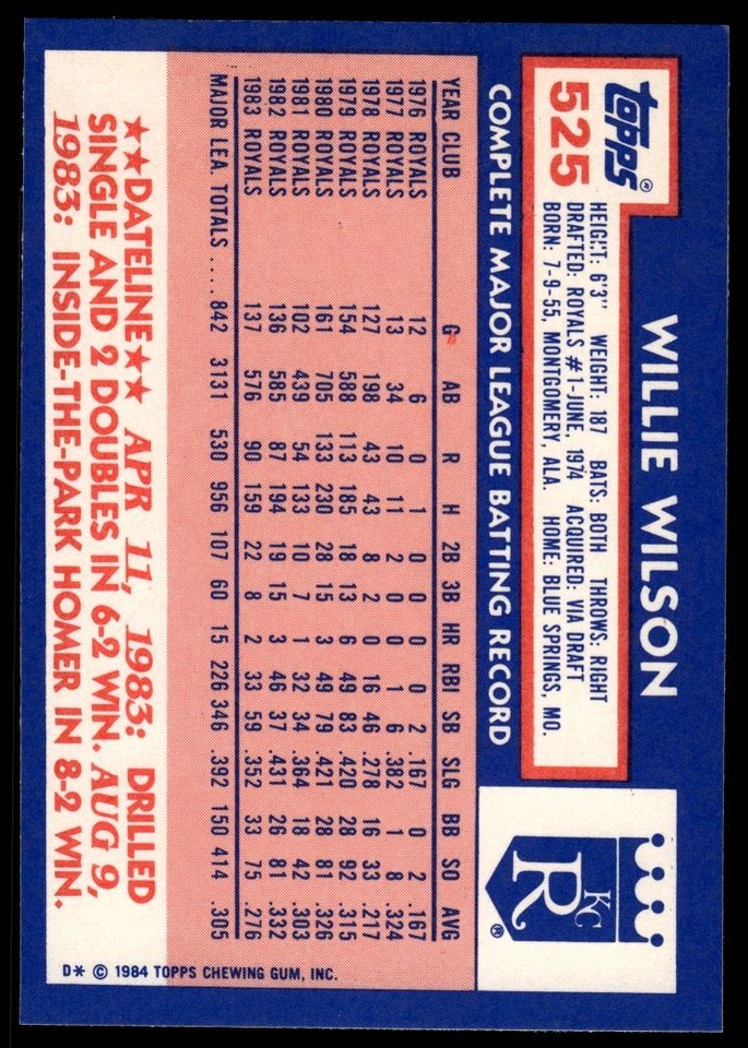 1984 Topps Tiffany #525 Willie Wilson Kansas City Royals NM | eBay