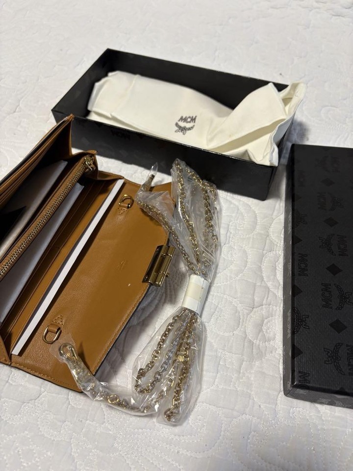 MCM Chain Wallet Long Wallet Brown Leather Crossbody Shoulder Bag Card ...