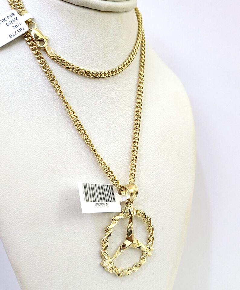 10k Gold Miami Cuban Chain & Round Charm Pendent SET 3mm 20 Inches ...