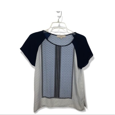 LOFT Geometric Pattern Blue Cap Sleeve Crew Neck Blouse Lightweight XS ...