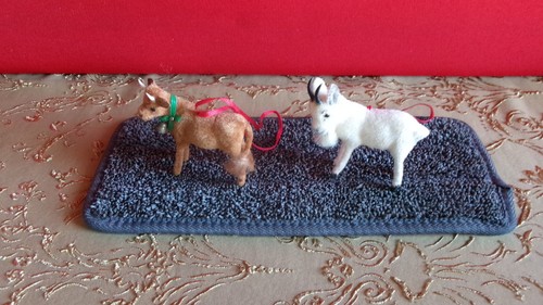 Vintage Wagner Handwork (2) Flocked Animals "Brown Cow + White Goat". W ...