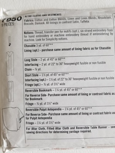 Simplicity Sewing Pattern 7950 Altar Cloths & Clerical Vestments Priest ...