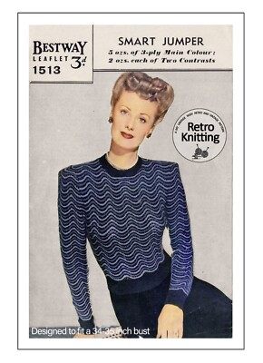 1940s Wave Style Striped Jumper Knitting Pattern Bust 34-35 | eBay UK