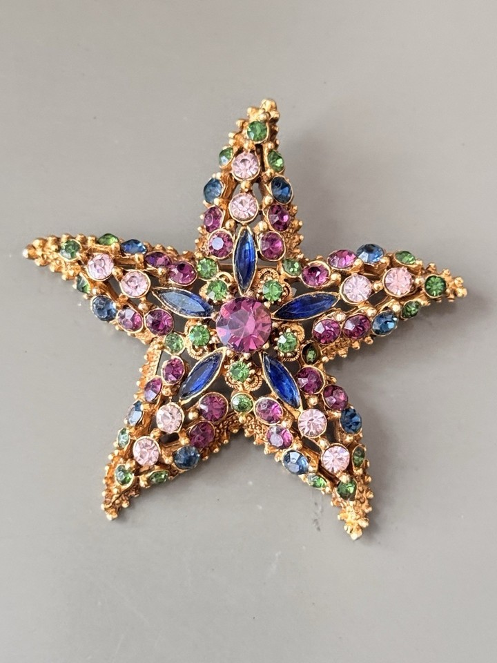 Vintage Signed FLORENZA Starfish Brooch Earring Set, Purple Blue Green ...