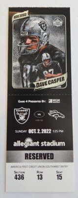 Denver Broncos Las Vegas Raiders Ticket Stub 10/2/22 Dave Casper Seat ...