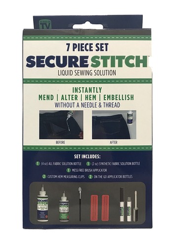 Secure Stitch Liquid Sewing Solution Kit Fabric Glue 7 Piece Set Mends ...