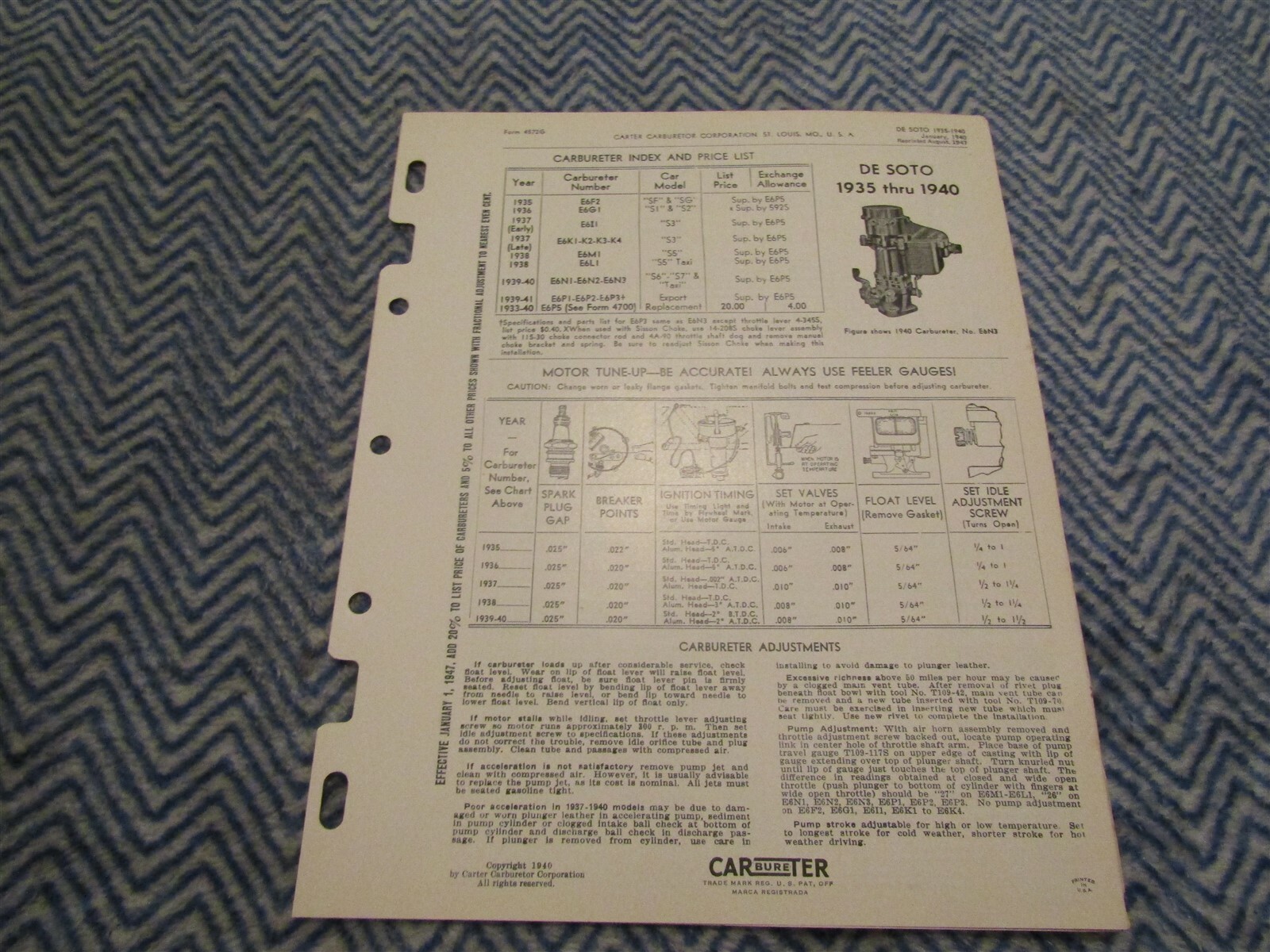 HOLLEY CARBURETOR DATA SPEC CHART 1935 - 1940 DE SOTO | eBay