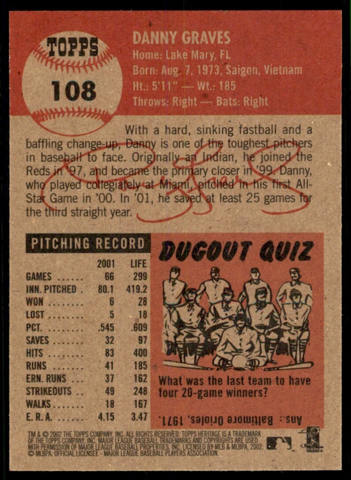 2002 Topps Heritage Danny Graves Cincinnati Reds #108 MLB Baseball Card ...