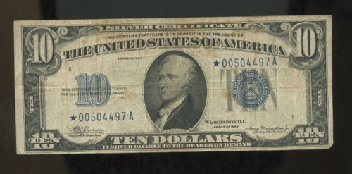 TEN DOLLAR BILL 1934 BLUE SEAL STAR NOTE 10.00 * 00504497A PLUS ERROR ...