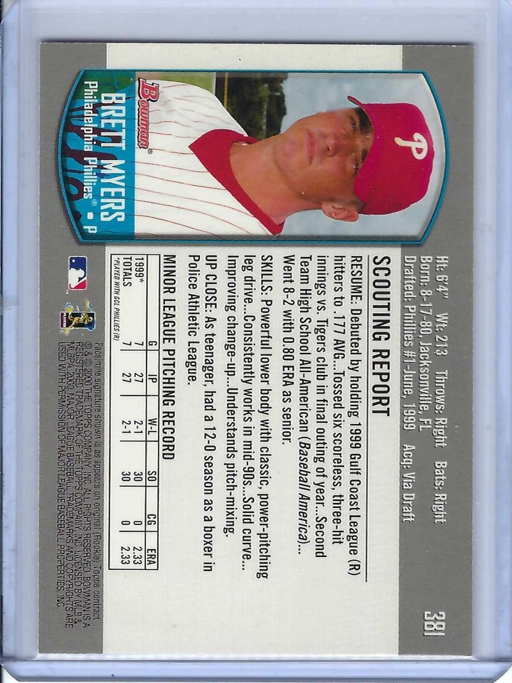 2000 BOWMAN PHILADELPHIA PHILLIES BRETT MYERS ROOKIE CARD # 381 | eBay