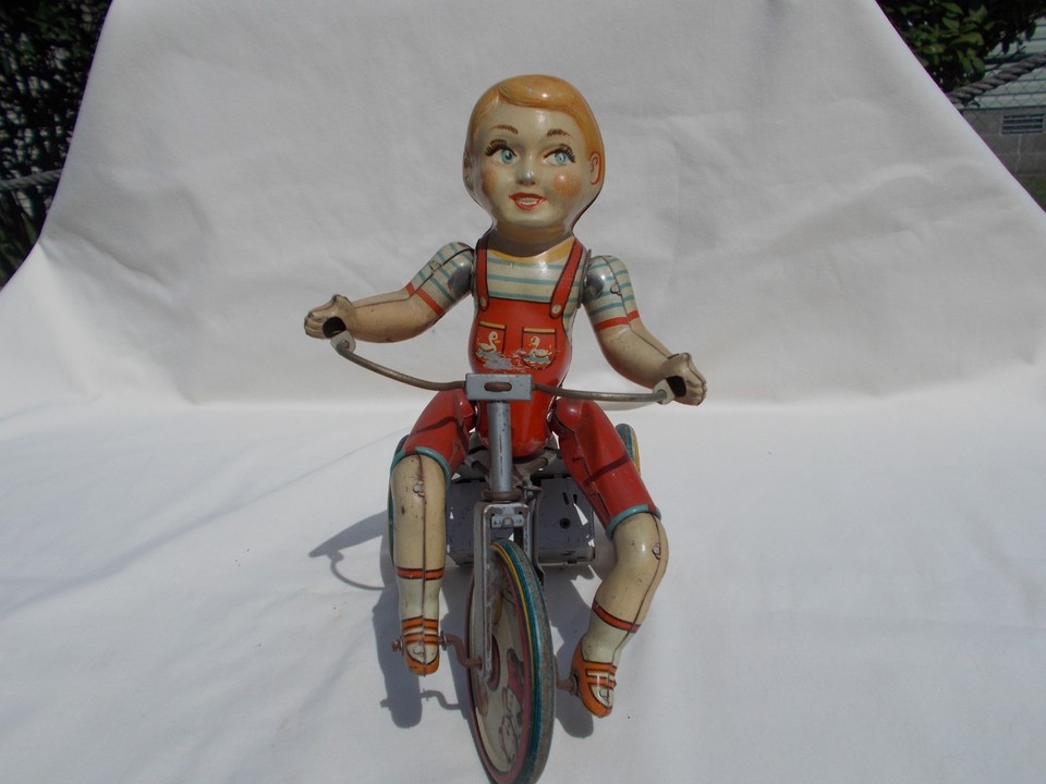 Vintage Kiddy Cyclist Tin Wind Up Toy-Boy Riding Tricycle-Unique Art ...