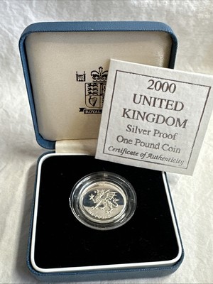 UK 2000 Silver Proof £1 Pound Coin Welsh Dragon Royal Mint Cased COA ...