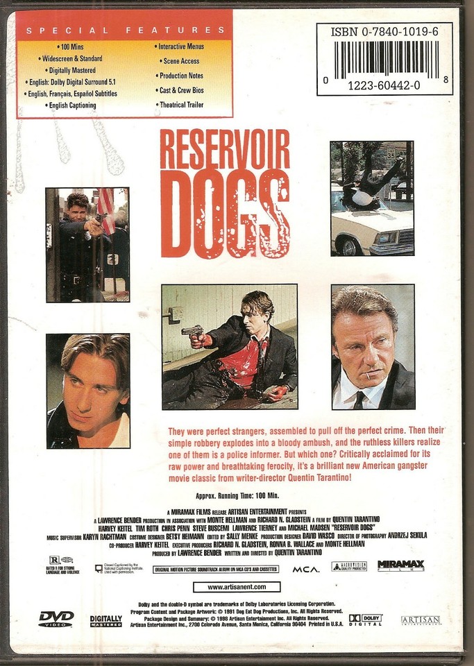 "Reservoir Dogs" (Artisan DVD 1998) 1991 Tarantino violent action drama ...