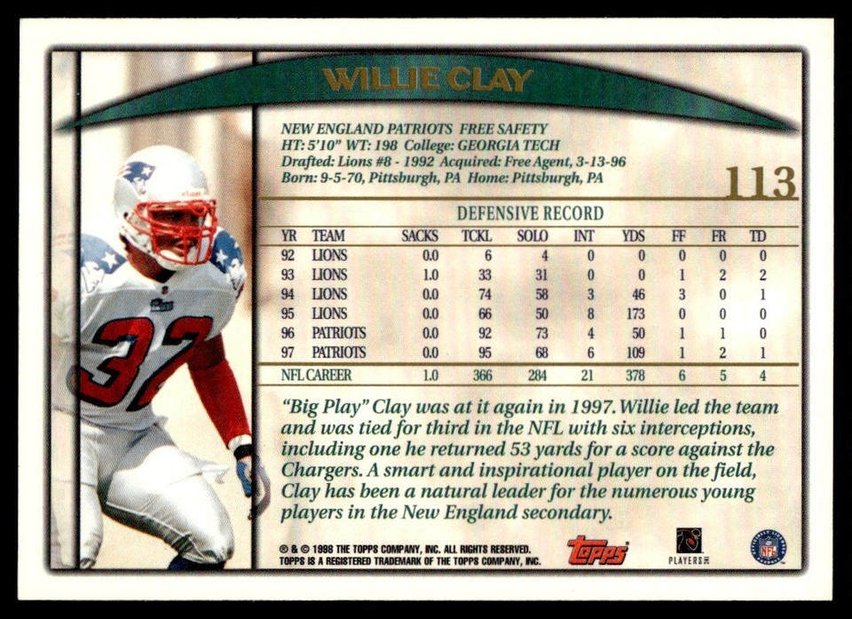 1998 Topps Willie Clay New England Patriots #113 | eBay