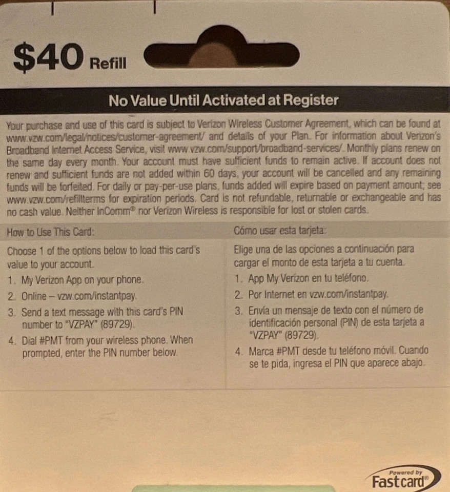 $40 VERIZON WIRELESS PREPAID REFILL PIN CARD TO YOUR EMAIL OR PHONE ...