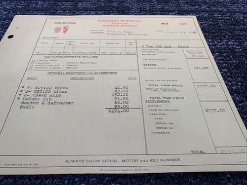 Vtg 1948 Chevrolet New Auto Dealer Sales Receipt Car Dealership Invoice ...
