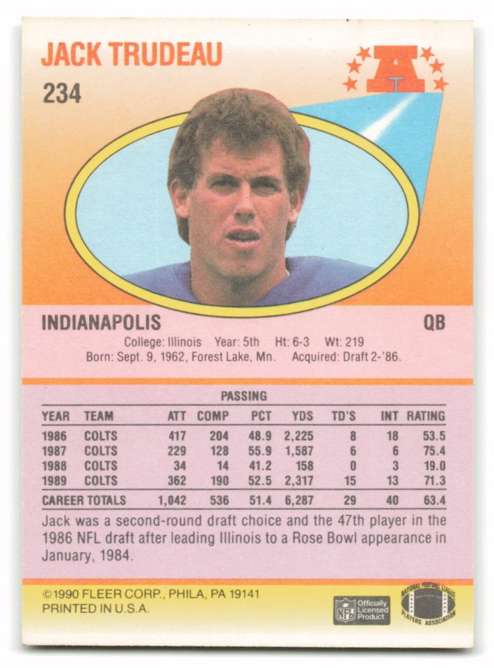Jack Trudeau 1990 Fleer FOOTBALL #234 Indianapolis Colts | eBay