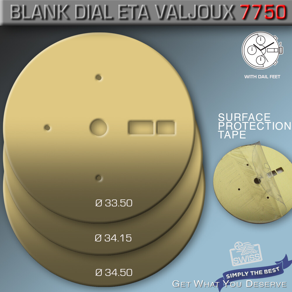 BLANK DIAL FOR MOVEMENT ETA VALJOUX 7750, Ø 33.5, 34.15, 34.5 mm, BRASS ...