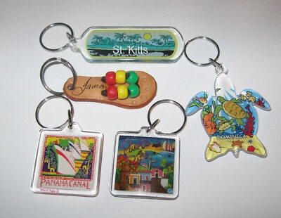 FIVE SOUVENIR KEY CHAINS - ST KITTS, JAMAICA, DOMINICA,PANAMA - UNUSED ...