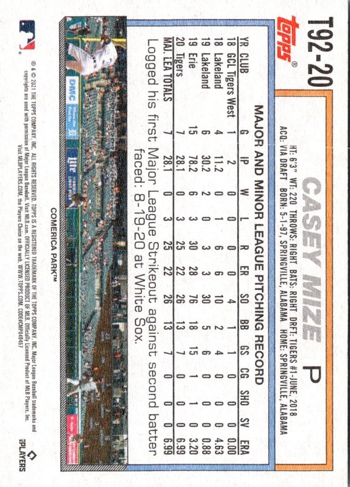 2021 Topps Update 1992 Redux Casey Mize #T92-20 Detroit Tigers Baseball ...