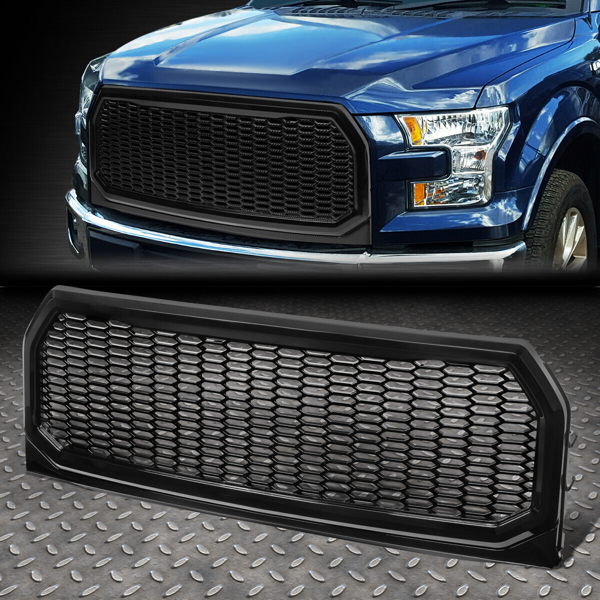 FOR 15-17 FORD F150 GLOSSY HONEYCOMB STYLE MESH FRONT BUMPER HOOD ...