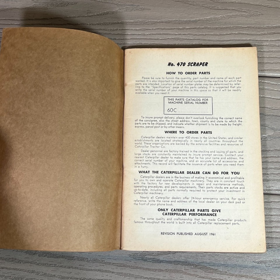 CAT Caterpillar Parts Catalog Book No. 470 Scraper S/N 60C1 FORM 32910 ...
