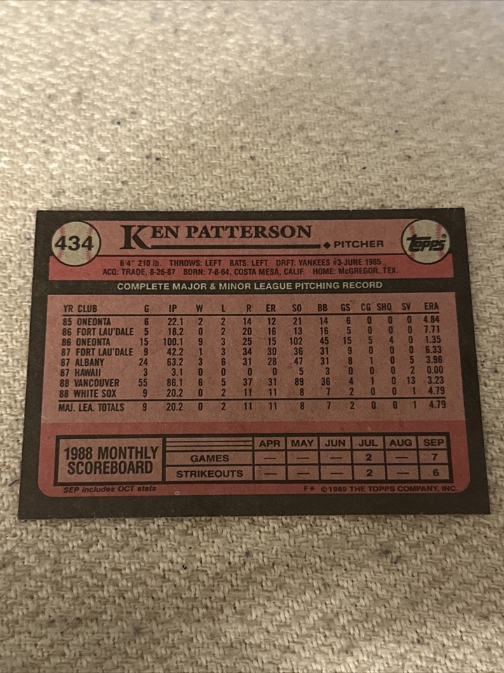 Ken Patterson Baseball Card -- 1989 Topps #434 -- Chicago White Sox | eBay