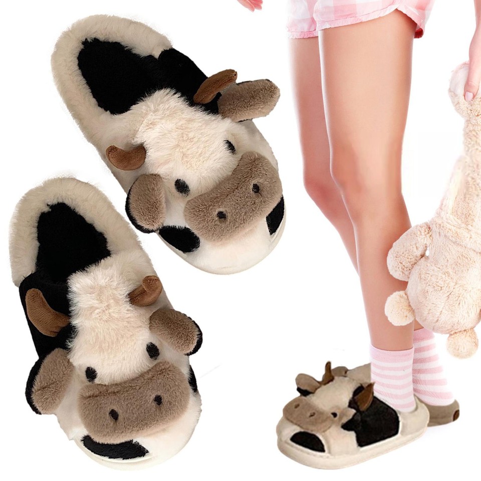 Fluffy Cow Slippers Animal Fuzzy Slides For Women Non Slip Memory Foam ...