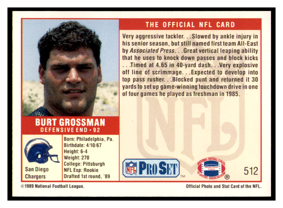 1989 Pro Set Burt Grossman RC #512 Pro Set Prospect -San Diego Chargers ...