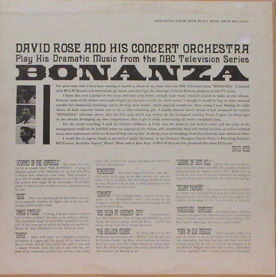 DAVID ROSE DRAMATIC CUE MUSIC FROM BONANZA MGM STEREO SE3960 VINYL NEAR ...
