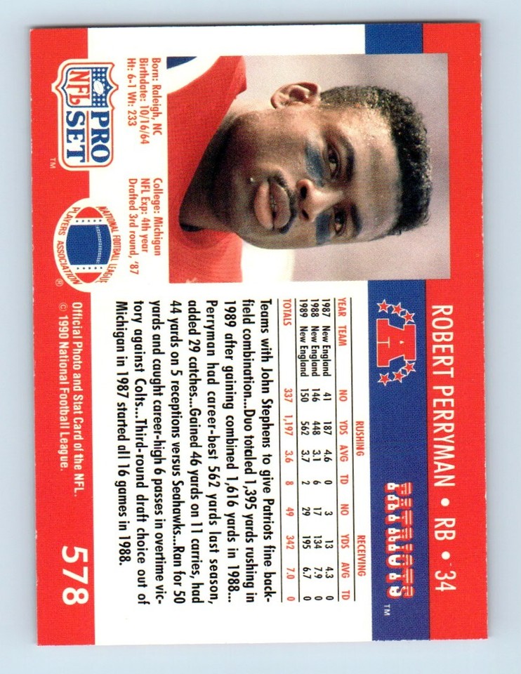 1990 Pro Set Robert Perryman New England Patriots #578 | eBay