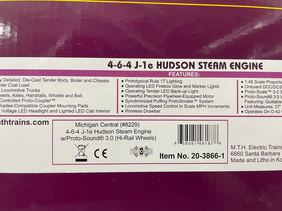 MTH 20-3866-1 Michigan Central NYC 4-6-4 J-1e Hudson Steam Engine w/PS3 ...