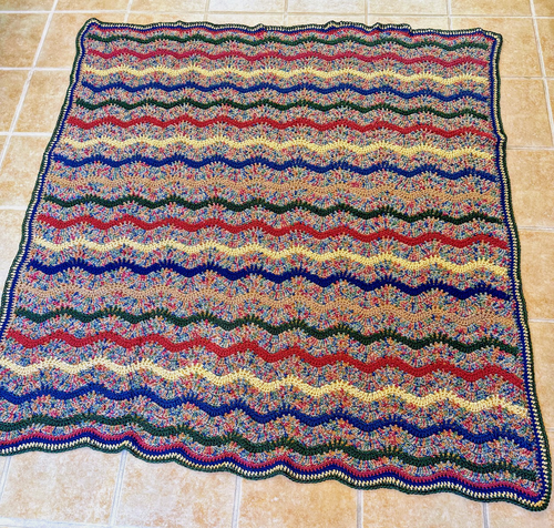 New Handmade Crocheted 62x67" Ripple Afghan Throw Blue Gold Wine Green ...