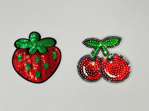 Red Strawberry & Cherry, 2 Sequin embroidery Iron-on patches | eBay