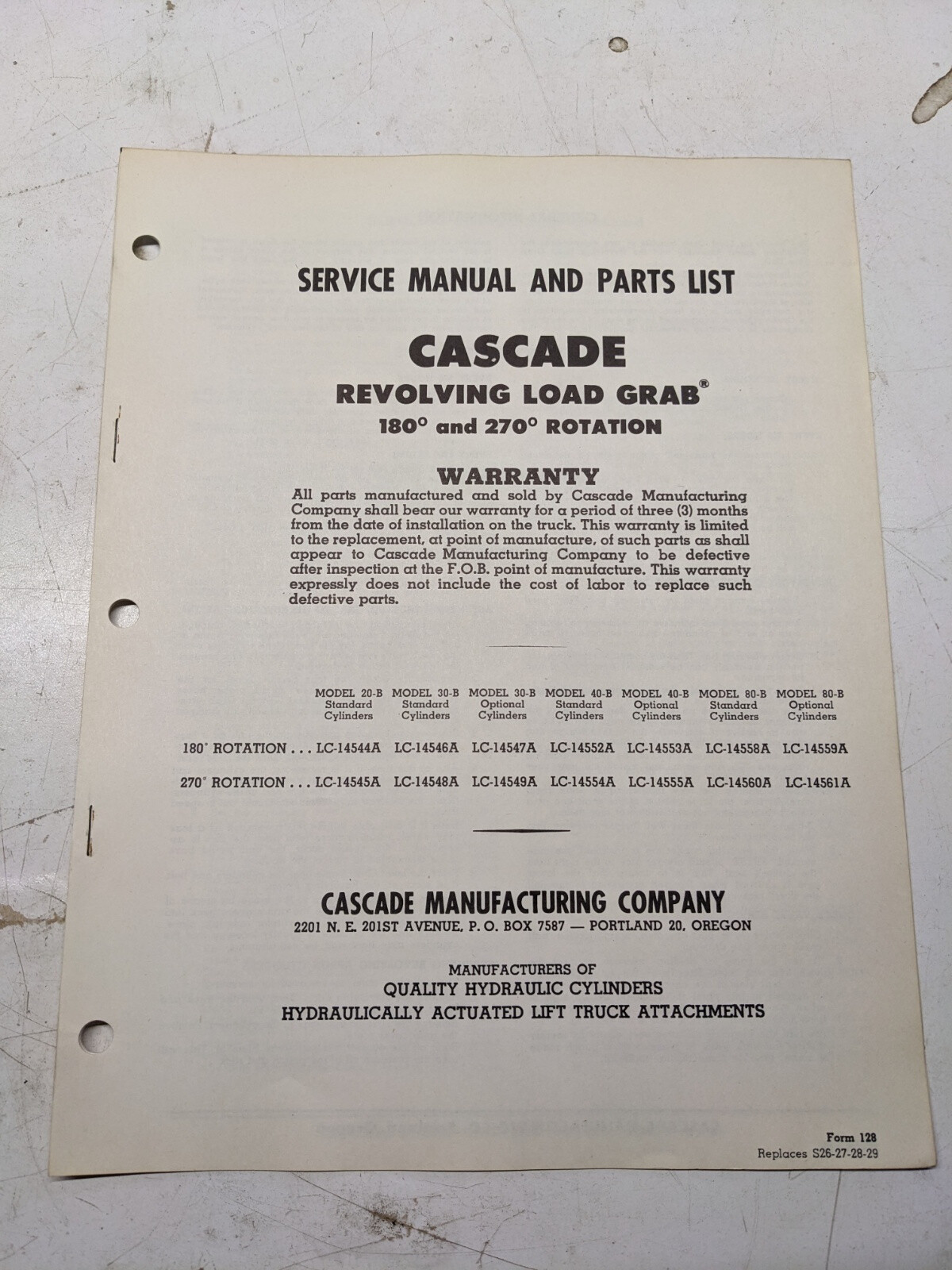 CASCADE SERVICE MANUAL PARTS LIST BOOK REVOLVING LOAD GRAB 20B 30B 40B ...